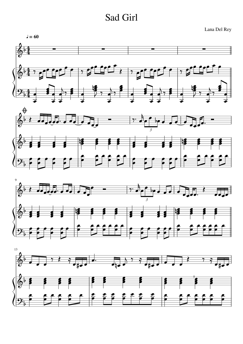 Sad girl-Lana Del rey Sheet Music for Piano, Vocals (Piano-Voice ...