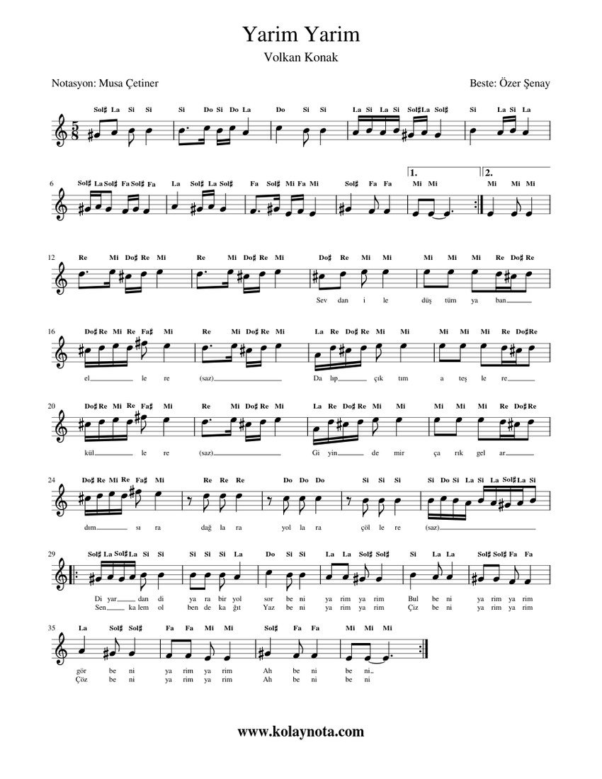 Yarim Yarim - Kolay Nota Sheet music for Piano (Solo) Easy | Musescore.com