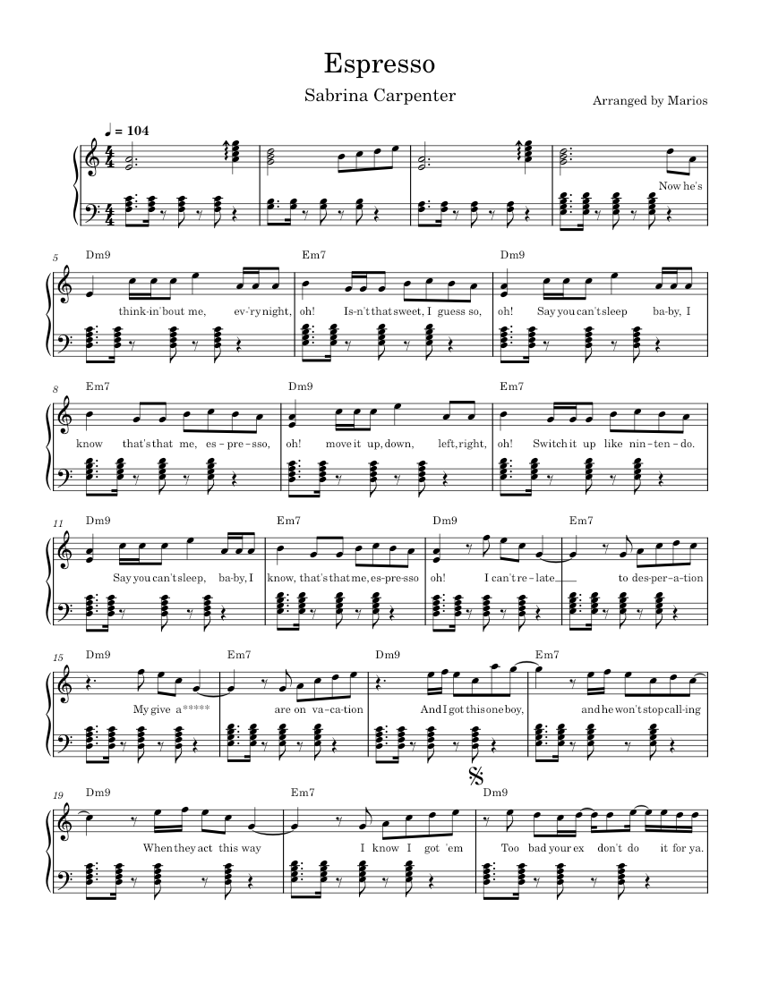 Espresso – Sabrina Carpenter Sheet Music with Chords for Piano (Solo ...