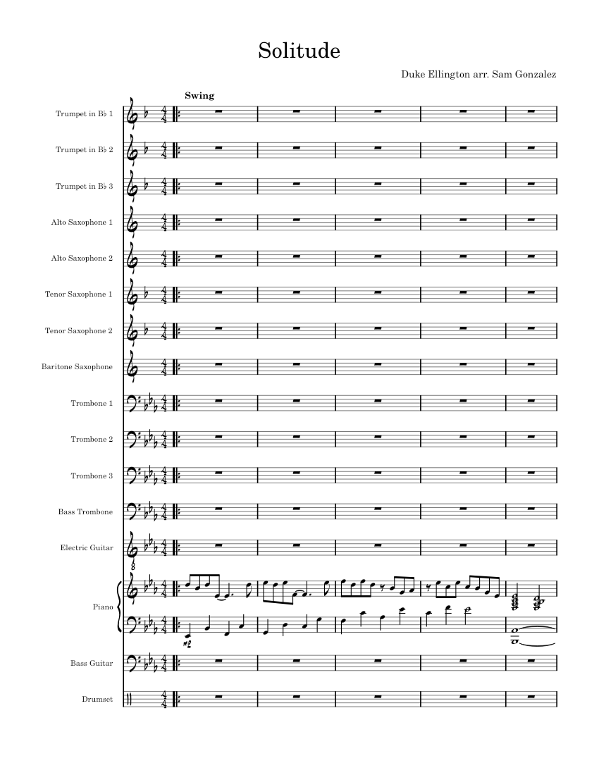 Solitude – Duke Ellington Jazz Band Arrangement Sheet music for Piano, Trombone, Saxophone alto ...