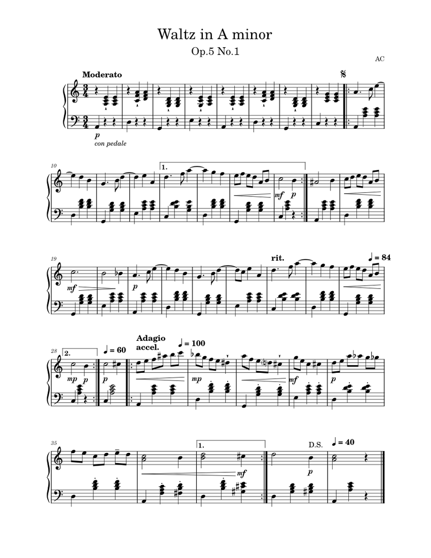 Waltz in A minor Op.5 No.1 Sheet music for Piano (Solo) Easy ...