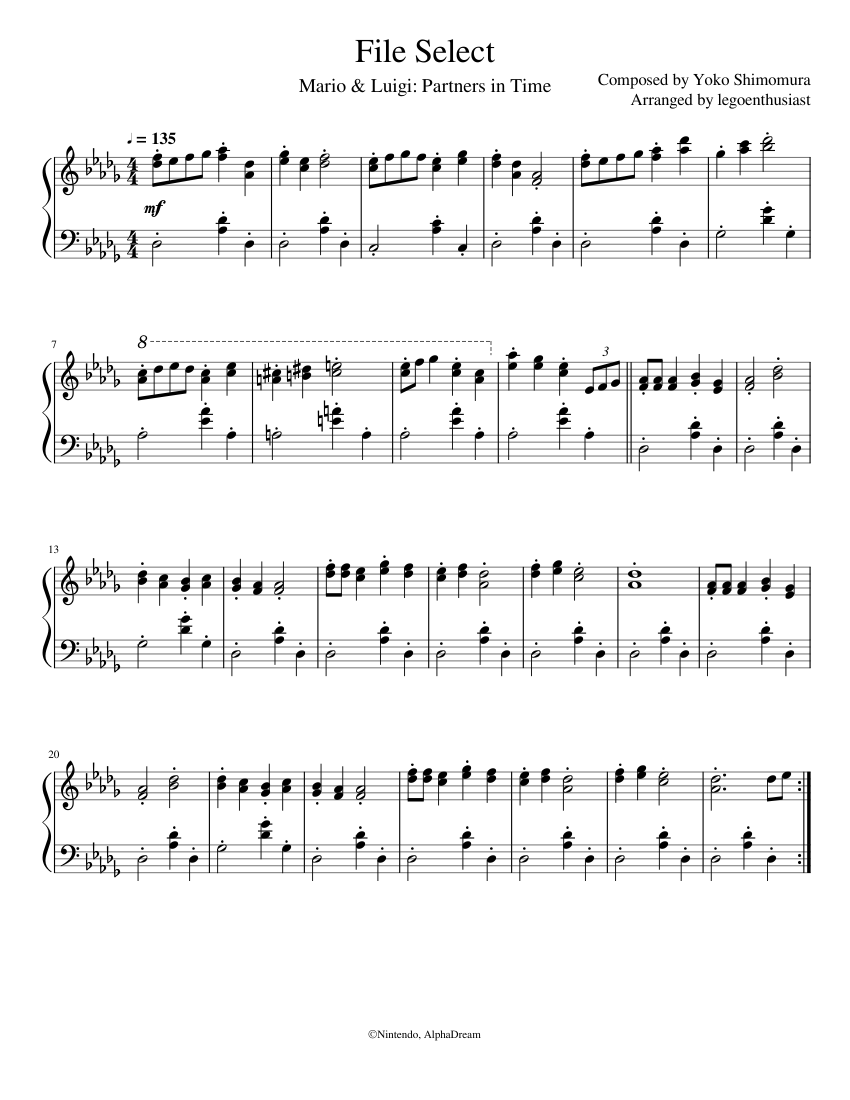 File Select - Mario and Luigi: Partners in Time Sheet music for Piano ...