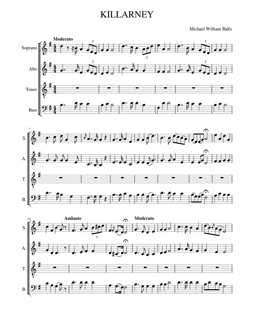 KILLARNEY Sheet music for Soprano, Alto, Tenor, Bass voice (SATB ...