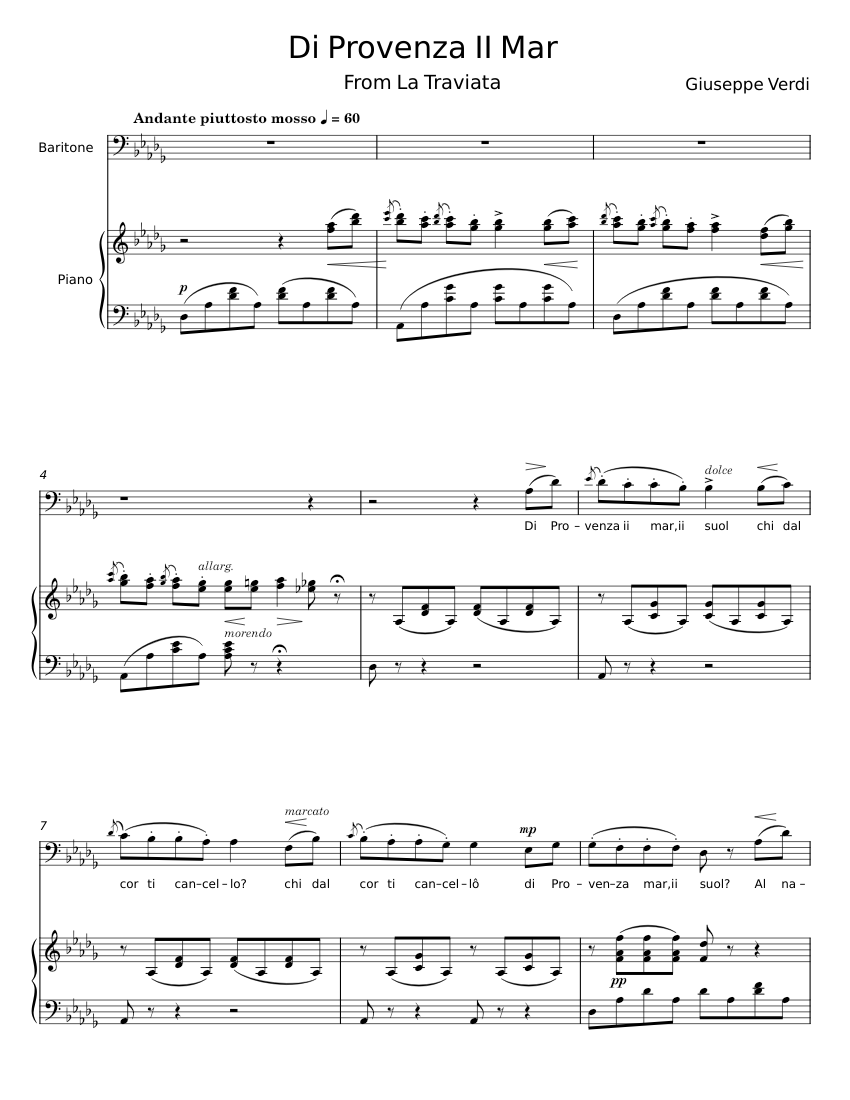 Di Provenza Il Mar - Guiseppe Verdi Sheet music for Piano, Synthesizer (Mixed Duet) | Musescore.com
