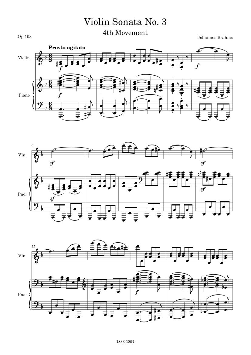 Violin Sonata No. 3 in D Minor, Op.108, 4th Movement (Presto agitato) – Johannes Brahms Sheet ...