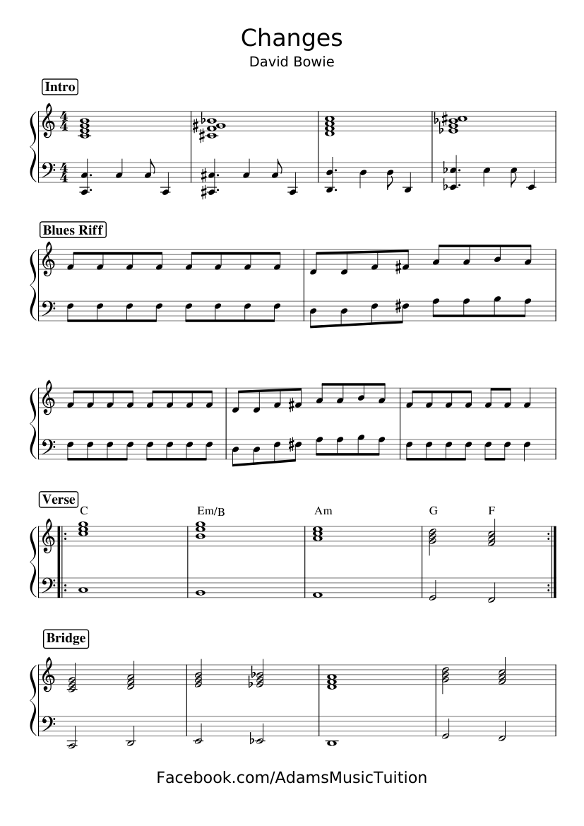 David Bowie - Changes Sheet Music with Chords for Piano (Solo) Easy ...
