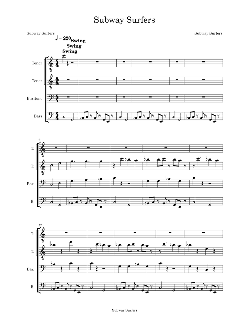 Subway surfers – SYBO Games Subway_Surfers Sheet music for Tenor, Bass ...