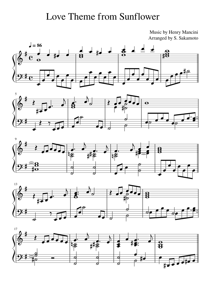 Sunflower – Henry Mancini Love theme from Sunflower Sheet music for ...