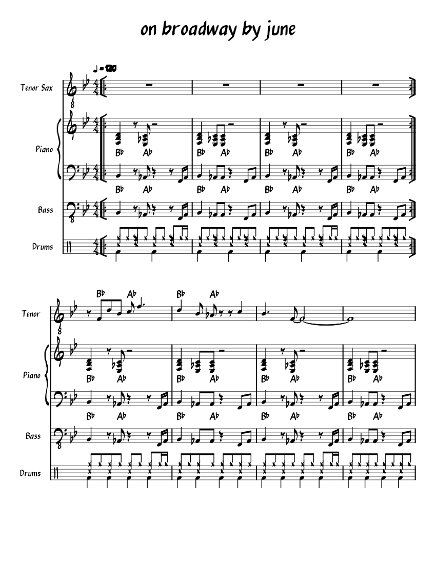 on broadway by june Sheet music for Piano, Saxophone tenor, Bass guitar ...
