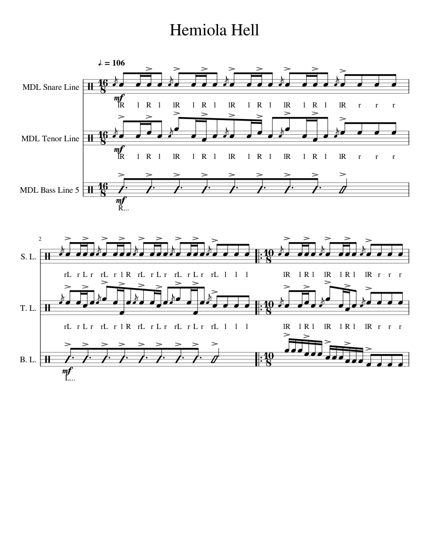 Hemiola Hell Sheet music for Snare Drum, Tenor Drum, Bass Drum ...