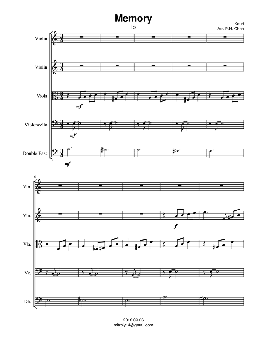 Memory Sheet music for Contrabass, Violin, Viola, Cello (String Quintet ...