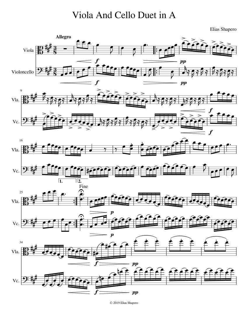 Viola and Cello Duet in A Sheet music for Viola, Cello (String Duet) | Musescore.com