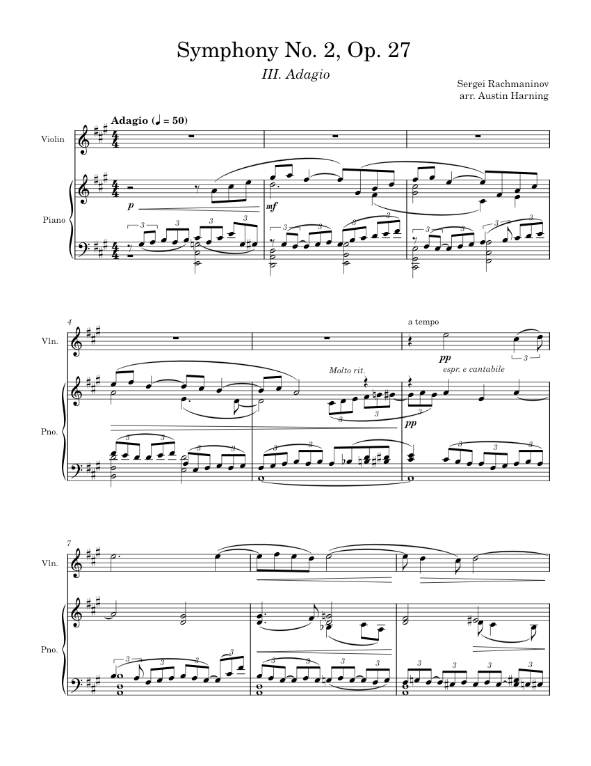 Adagio from Rachmaninoff's Symphony No. 2, for Violin & Piano Sheet ...
