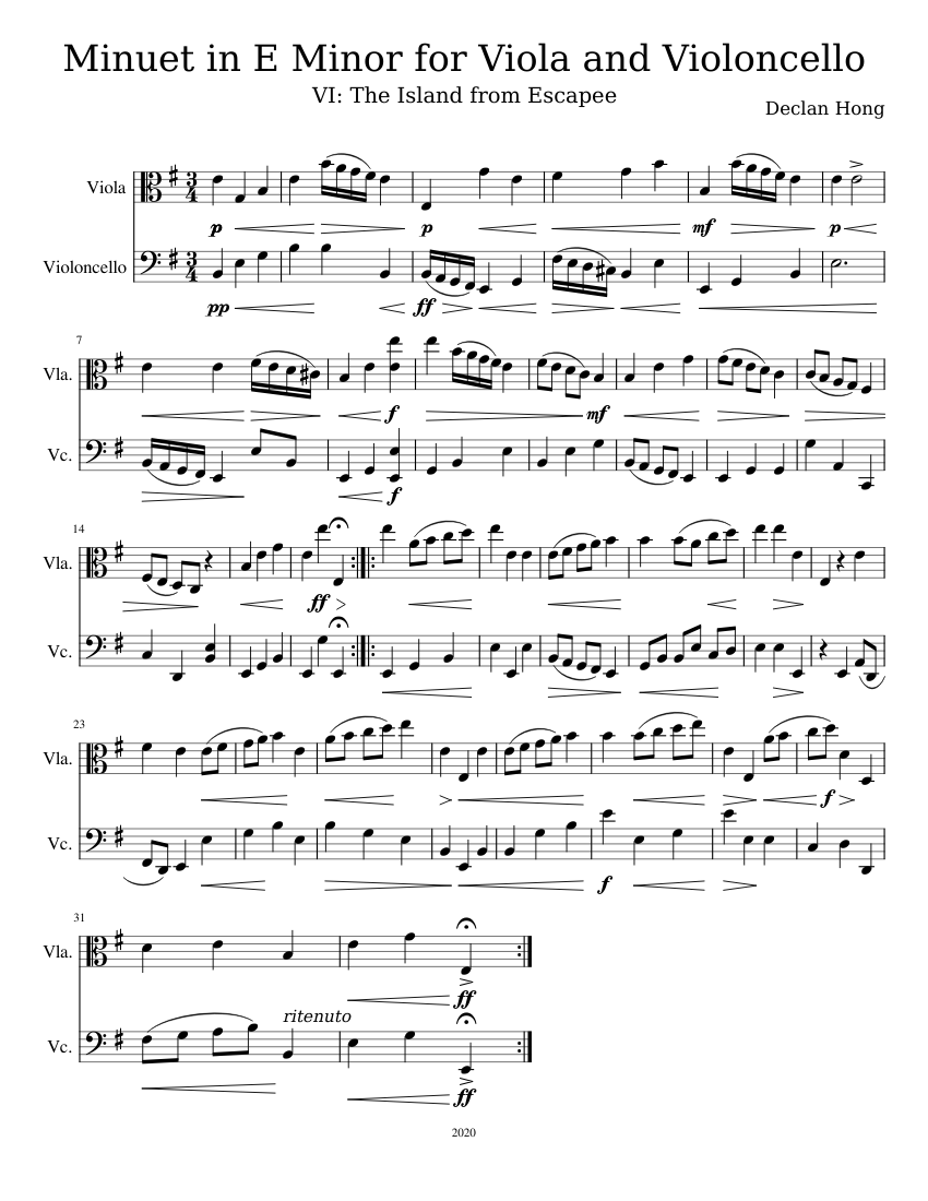 Minuet in E Minor Sheet music for Viola, Cello (String Duet ...