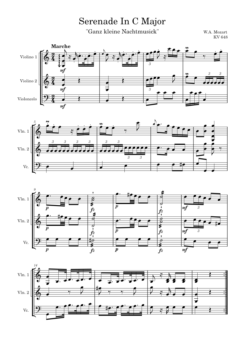 Ganz Kleine Nachtmusik, KV 648 – Wolfgang Amadeus Mozart Sheet Music for Violin, Cello (Mixed ...