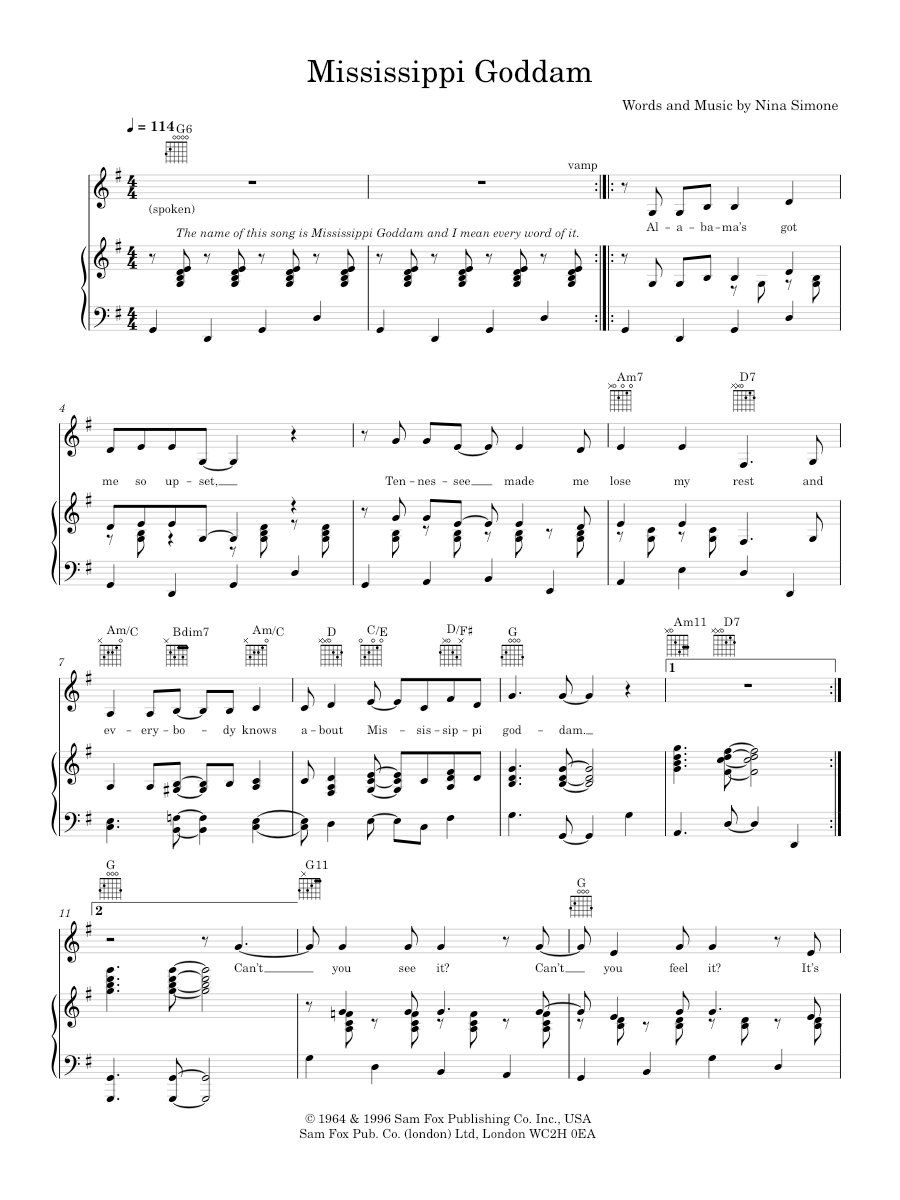 Play Official version of Mississippi goddam Sheet Music by Nina Simone ...