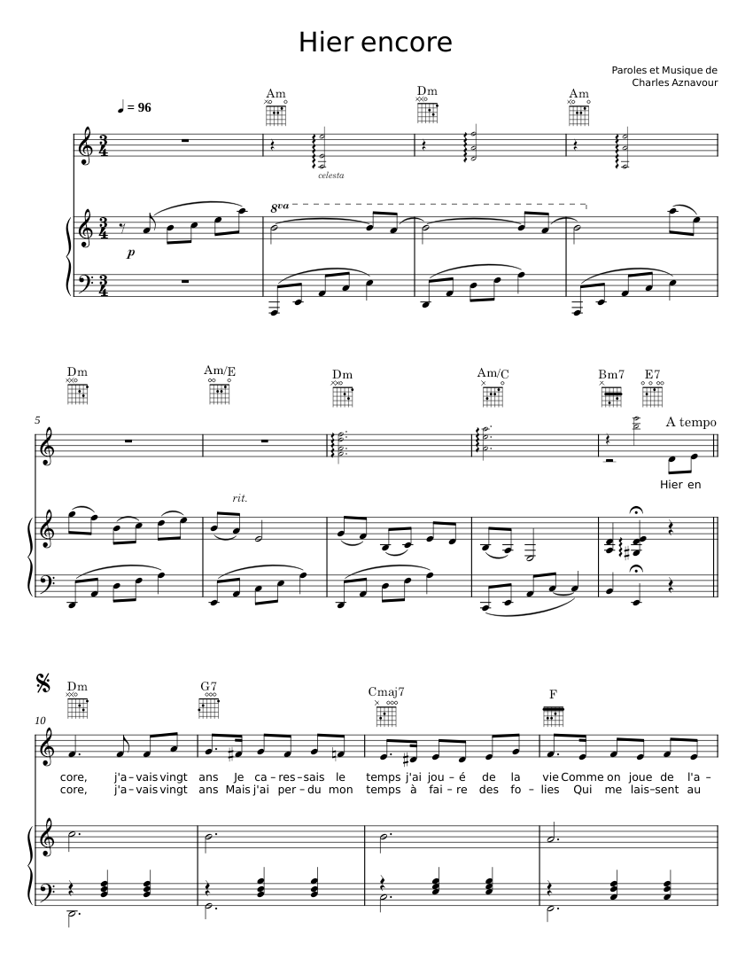 Hier encore - Charles Aznavour Sheet Music with Chords for Piano ...