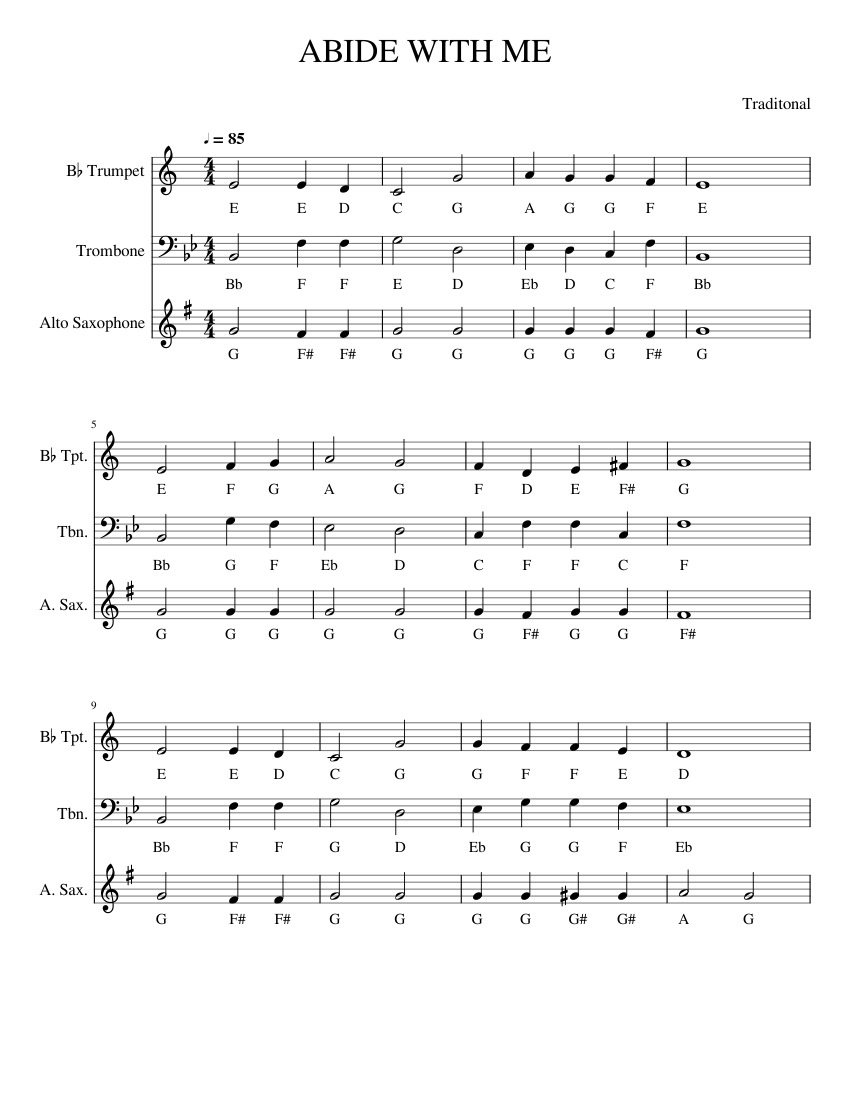ABIDE WITH ME Sheet music for Trombone, Saxophone alto, Trumpet in b ...