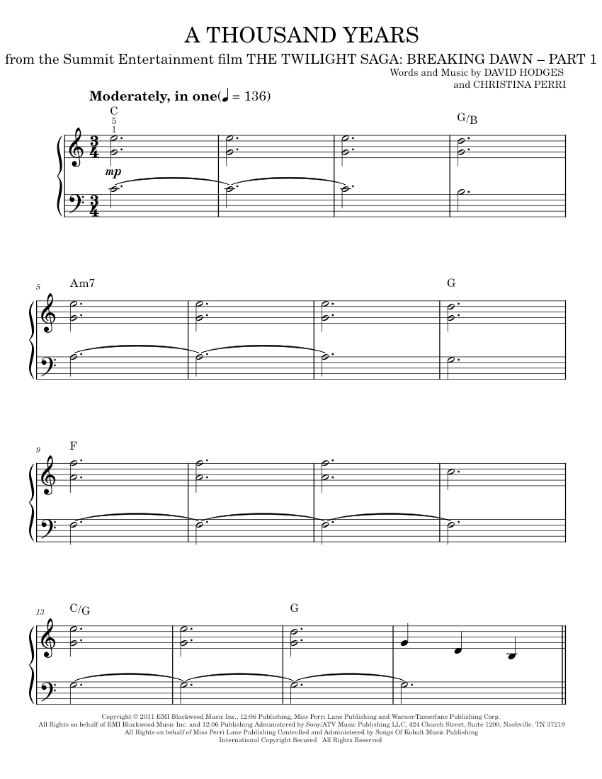a thousand years Sheet music for Piano by Christina Perri Official ...
