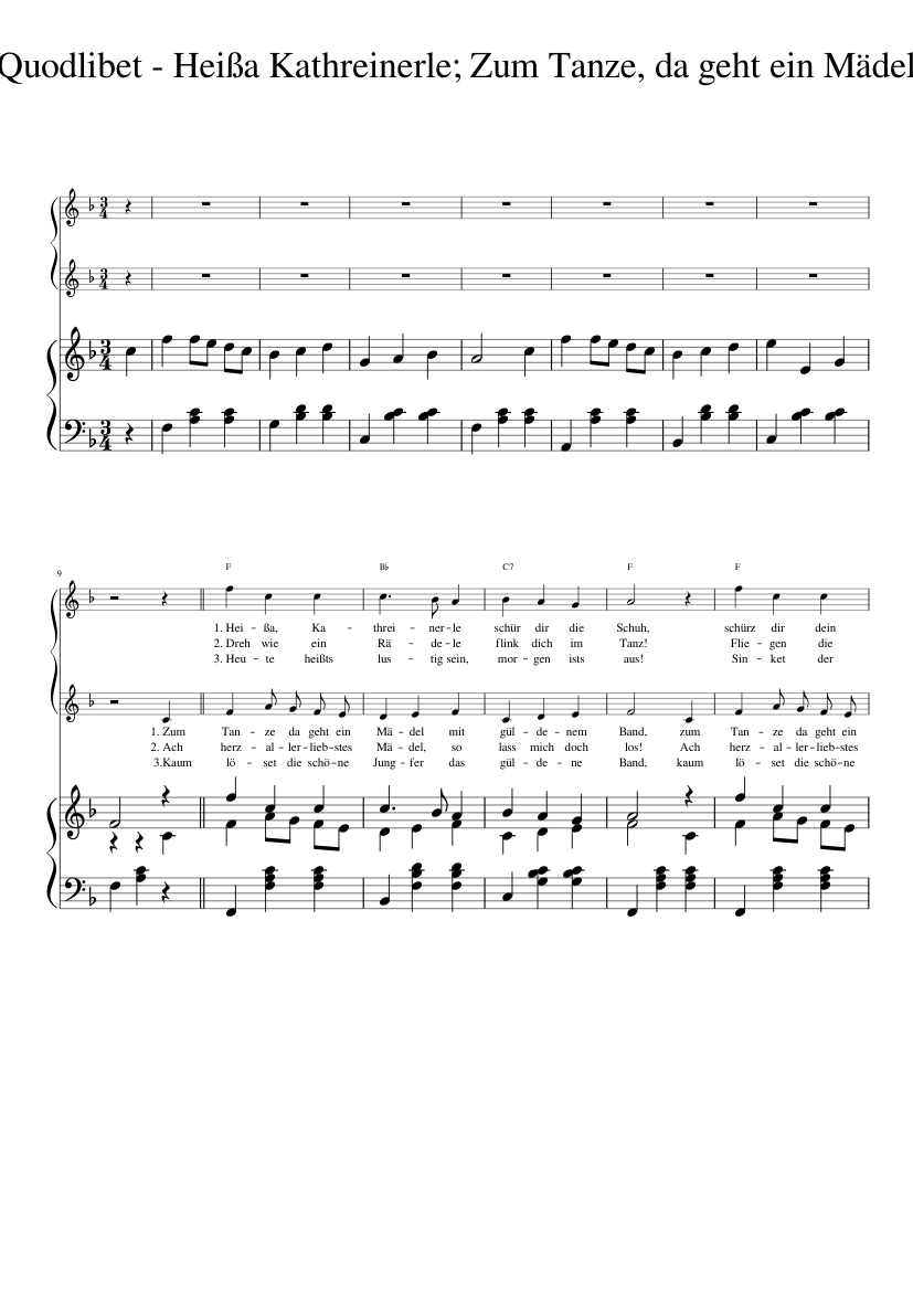 Quodlibet Heißa Kathreinerle Zum Tanze da geht ein Mädel Sheet Music ...