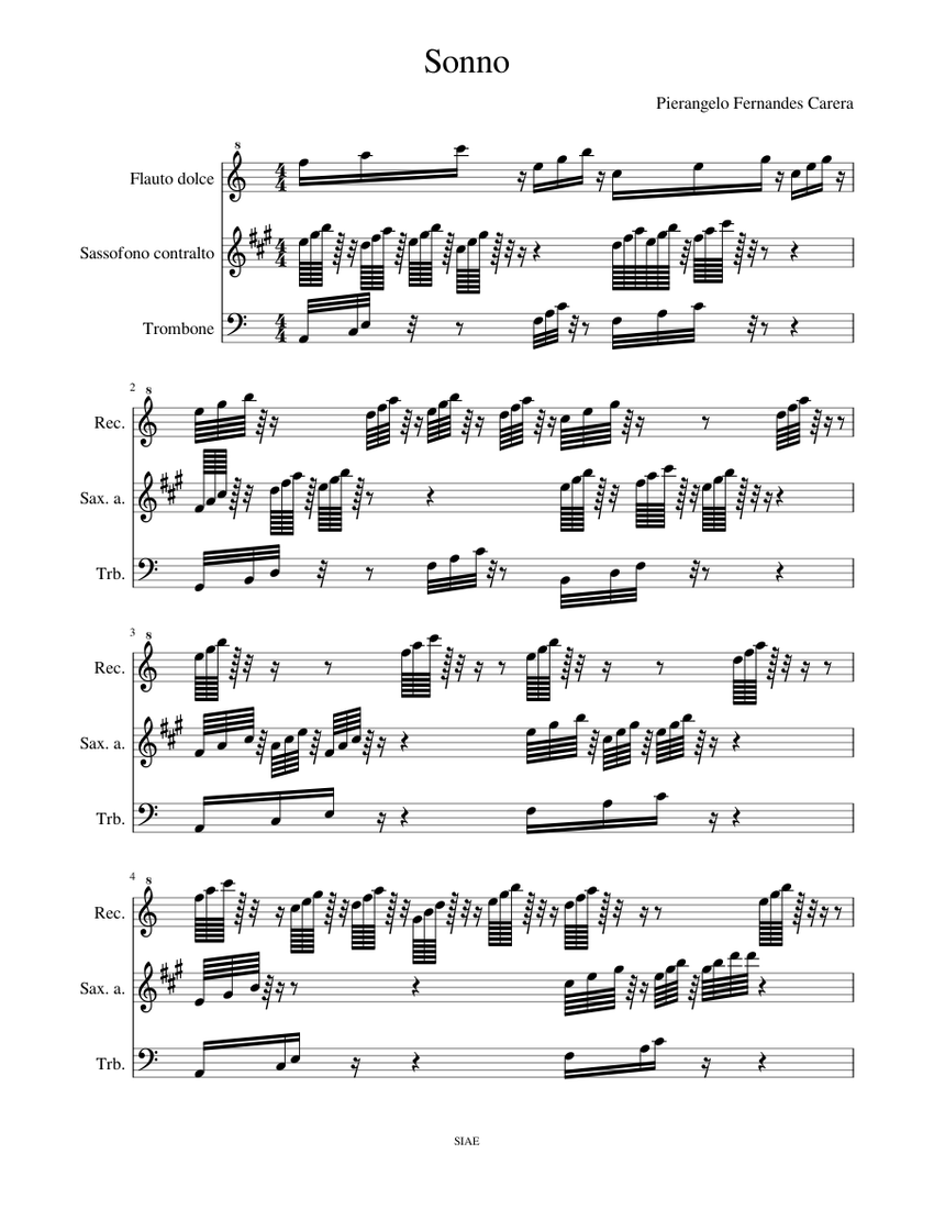 Sonno Sheet music for Trombone, Saxophone alto, Recorder (Mixed Trio ...