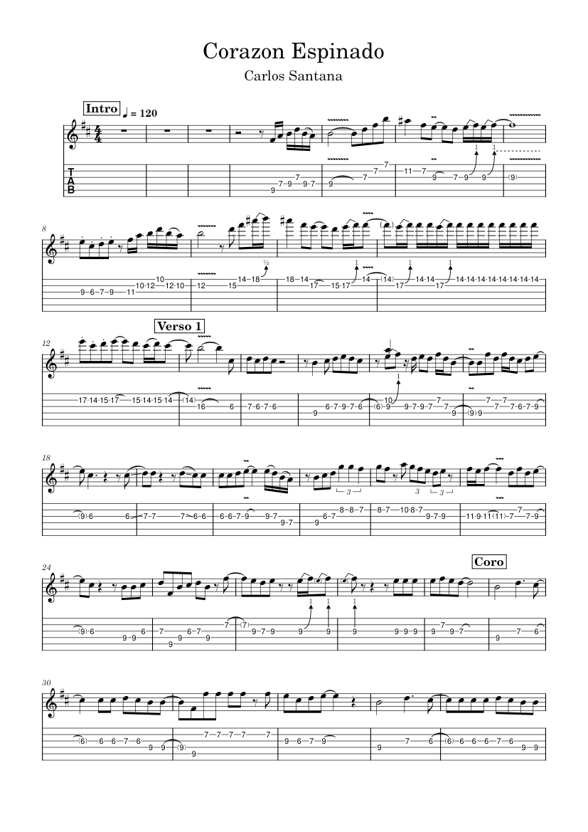 Corazón Espinado - Carlos Santana Sheet Music for Guitar (Solo ...
