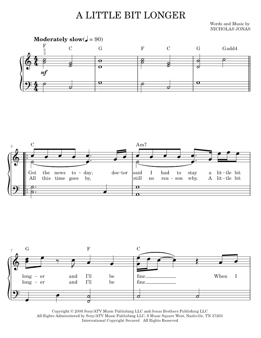 Play Official version of A little bit longer sheet music by Jonas ...