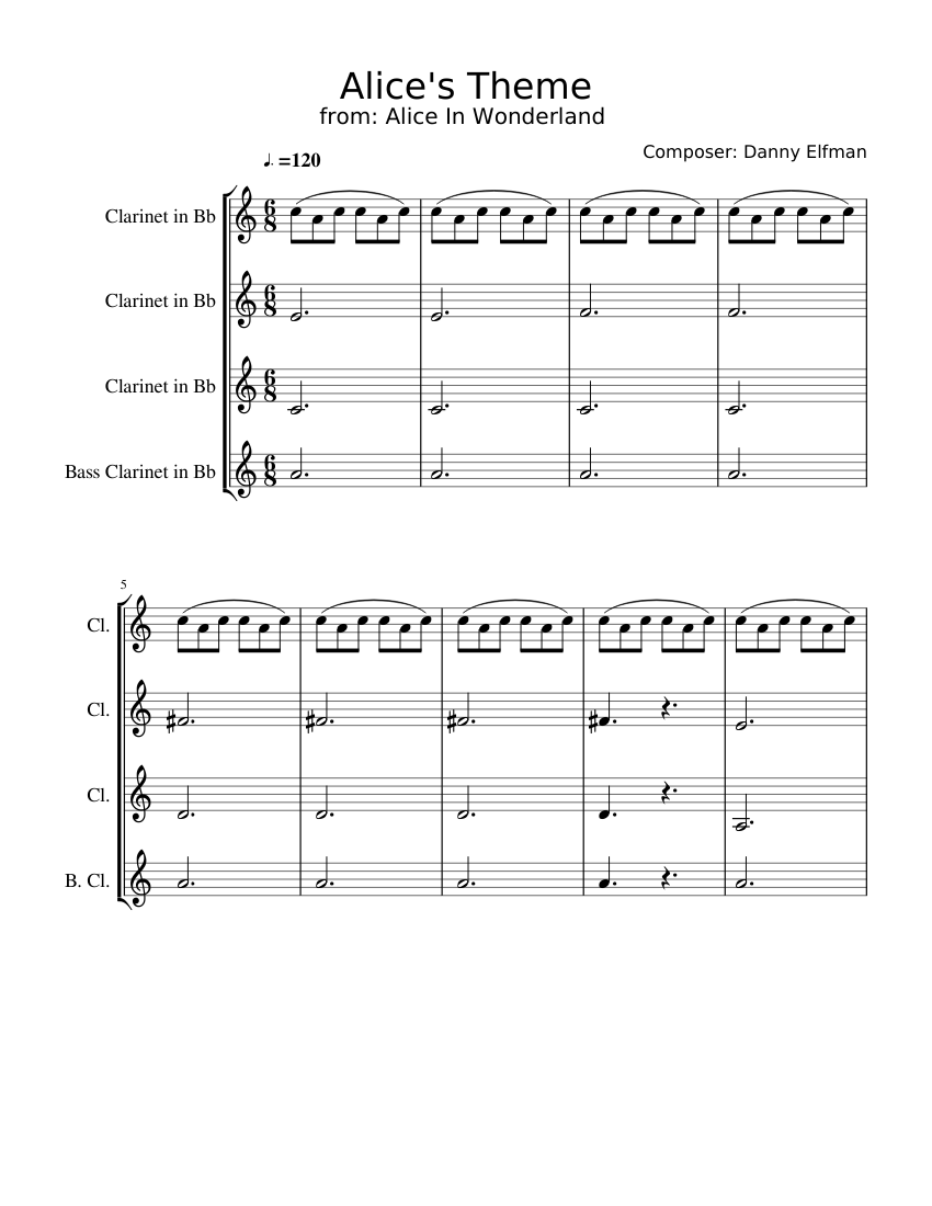 Alice's Theme Sheet music for Clarinet bass, Clarinet other (Mixed ...