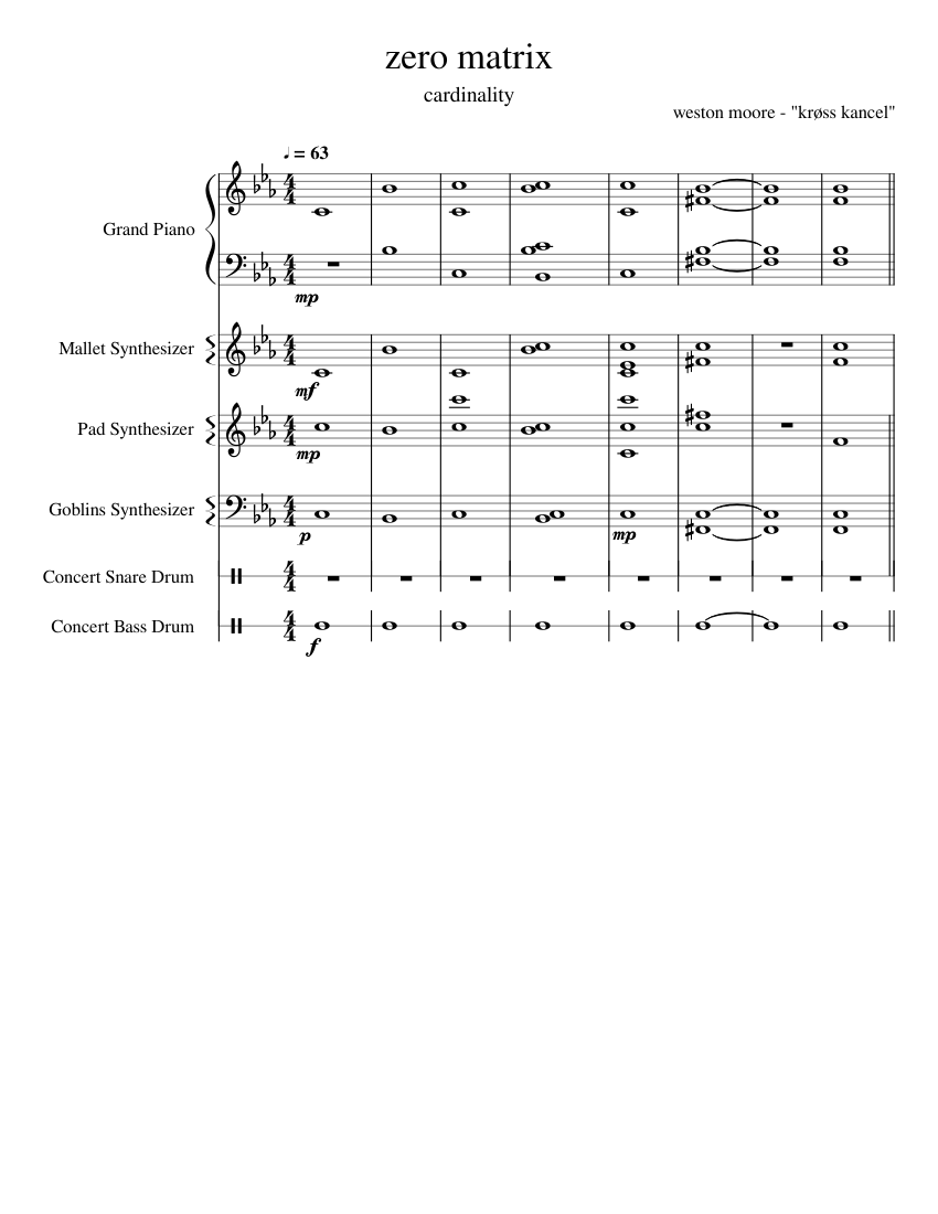 zero matrix Sheet music for Piano, Snare drum, Bass drum, Synthesizer ...