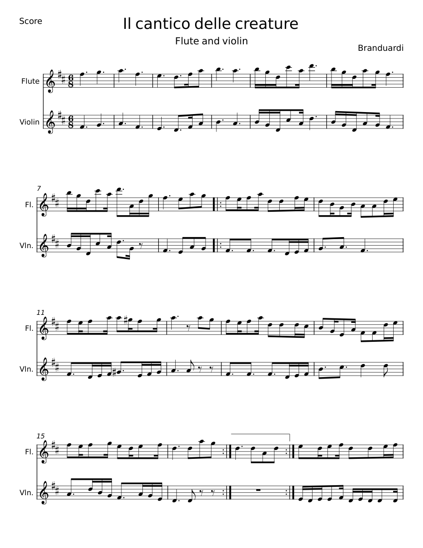 Il cantico delle creature - Branduardi Sheet Music for Flute, Violin ...