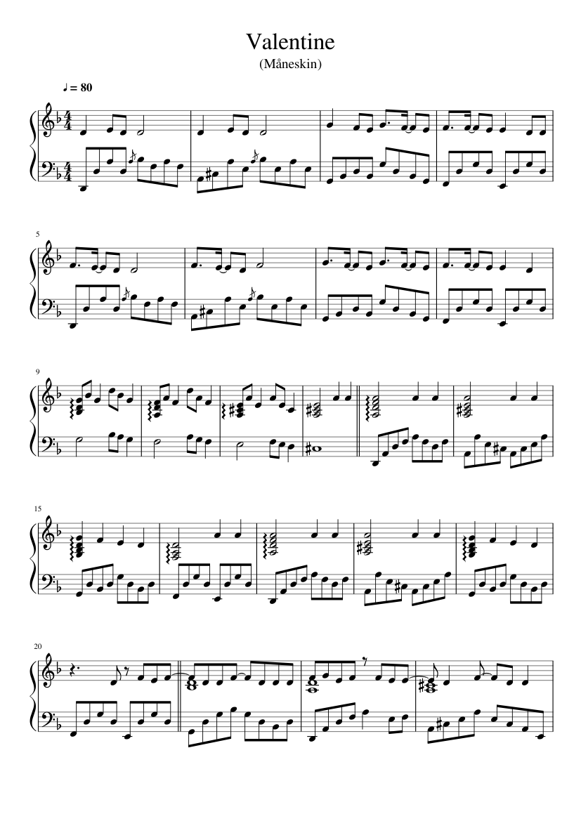Valentine – Måneskin Sheet Music for Piano (Solo) | MuseScore.com