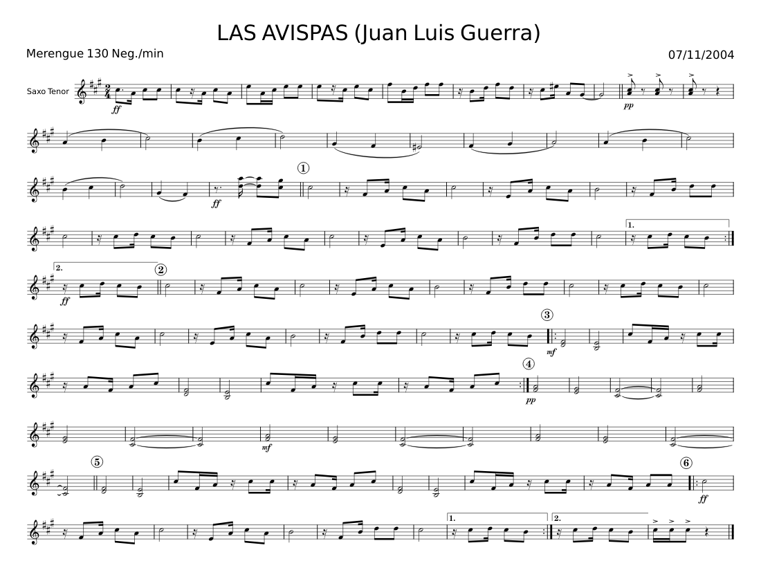 Las avispas - Juan Luis Guerra Sheet Music for Saxophone tenor (Solo ...