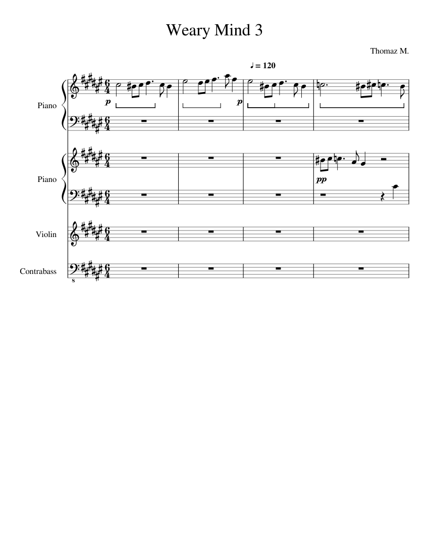 "Weary Mind" Sheet music for Piano, Contrabass, Violin (Mixed Quartet ...
