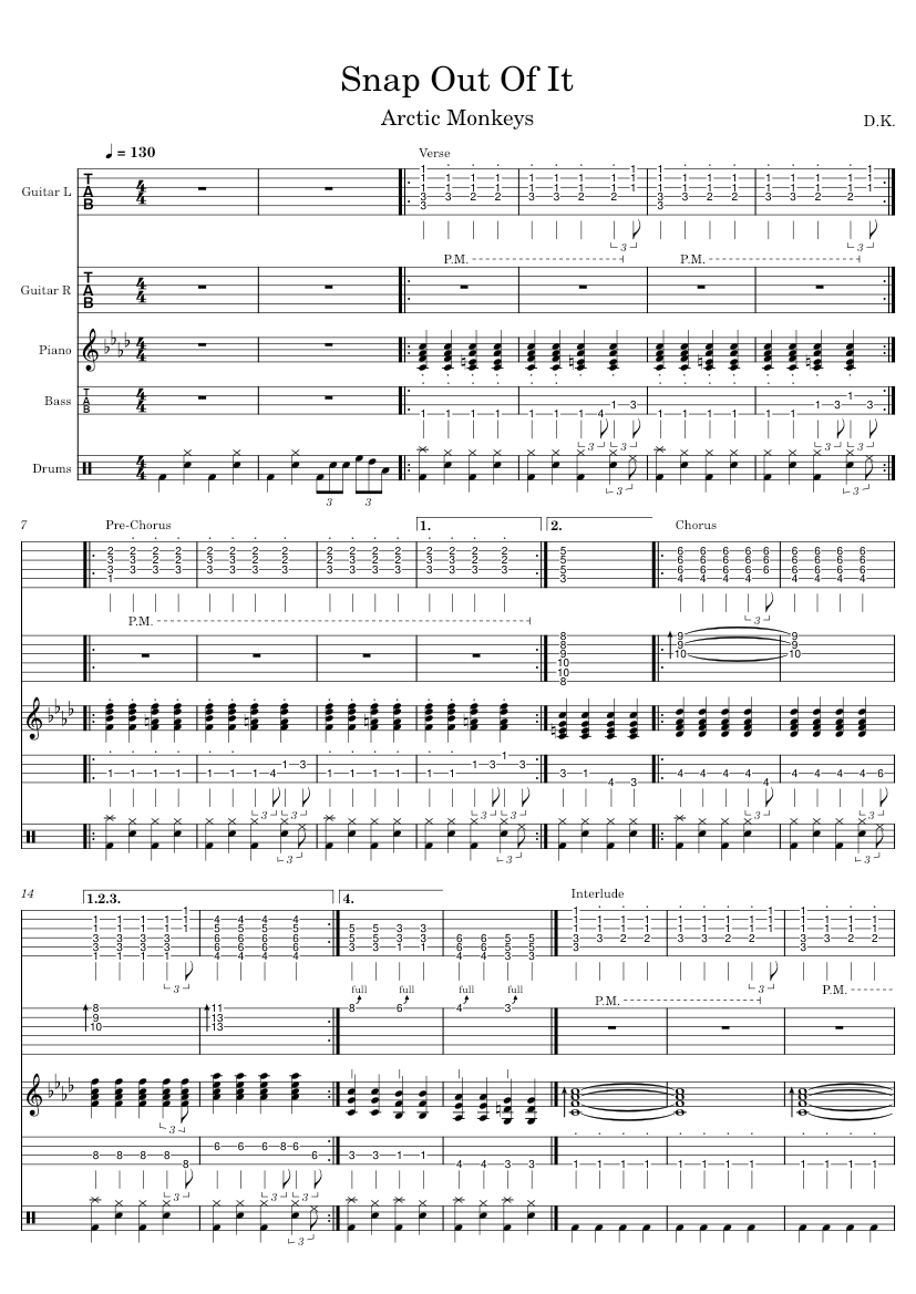 Snap out of it – Arctic Monkeys Sheet Music for Piano, Guitar, Bass ...