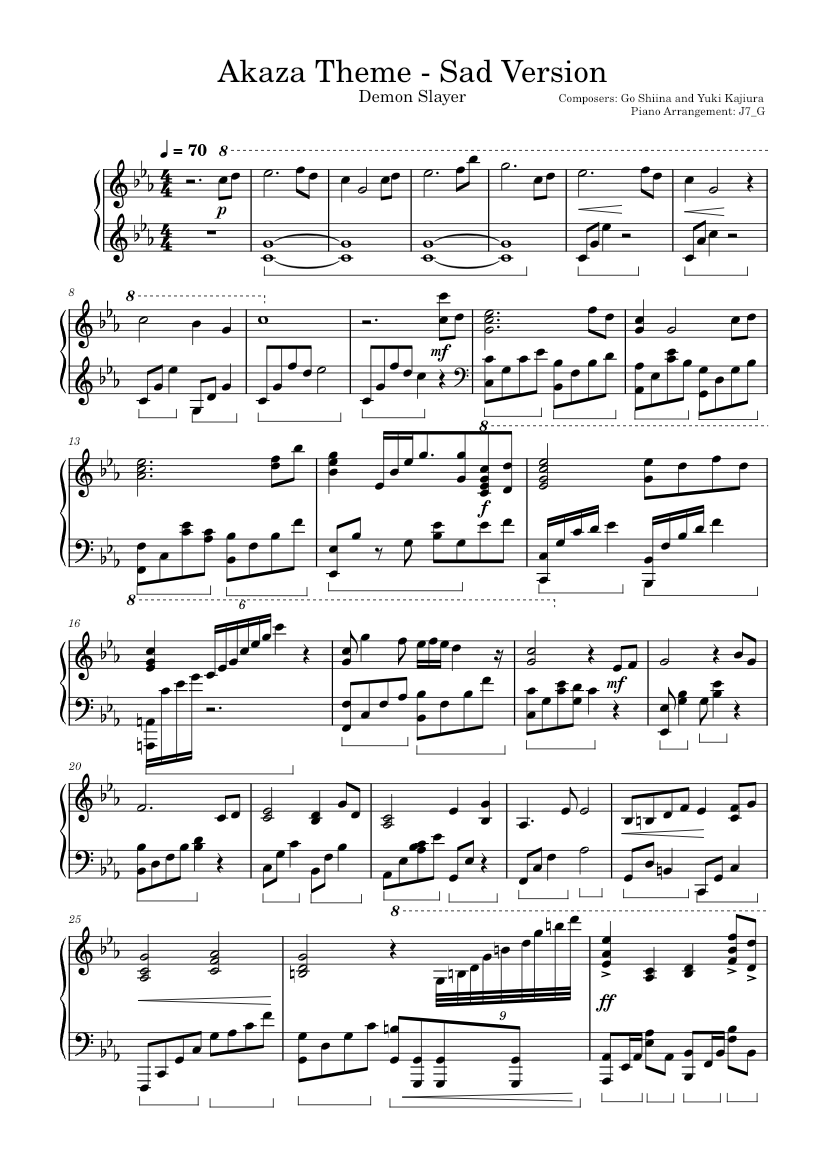 Akaza's Theme (Sad Version) - Demon Slayer Sheet Music for Piano (Solo ...