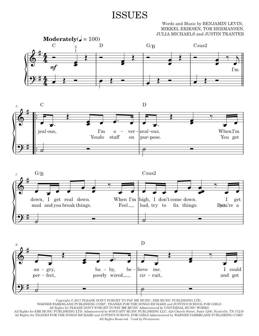 Play Official version of Issues sheet music by Julia Michaels for Piano ...