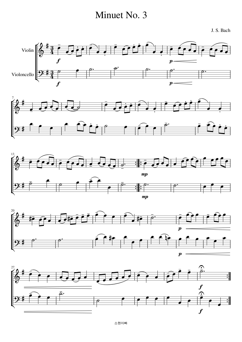 Minuet No. 3 - Bach, Johann Sebastian Sheet music for Violin, Cello (String Duet) | Musescore.com