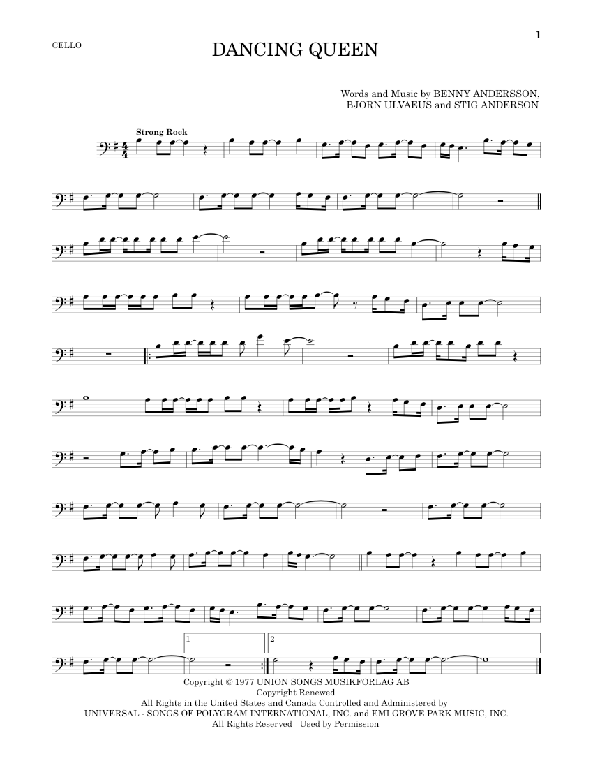 Play Official version of Dancing queen sheet music by ABBA for Cello ...