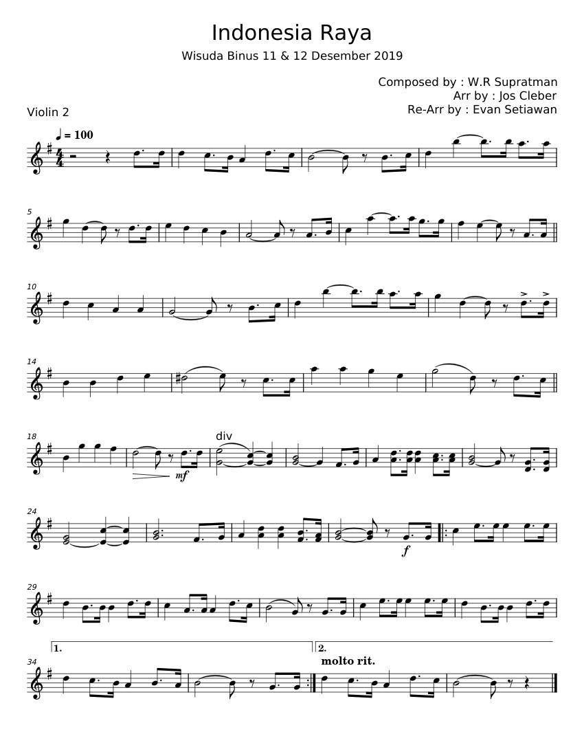 Indonesia Raya - Wage Rudolf Supratman Sheet music for Violin (Solo ...