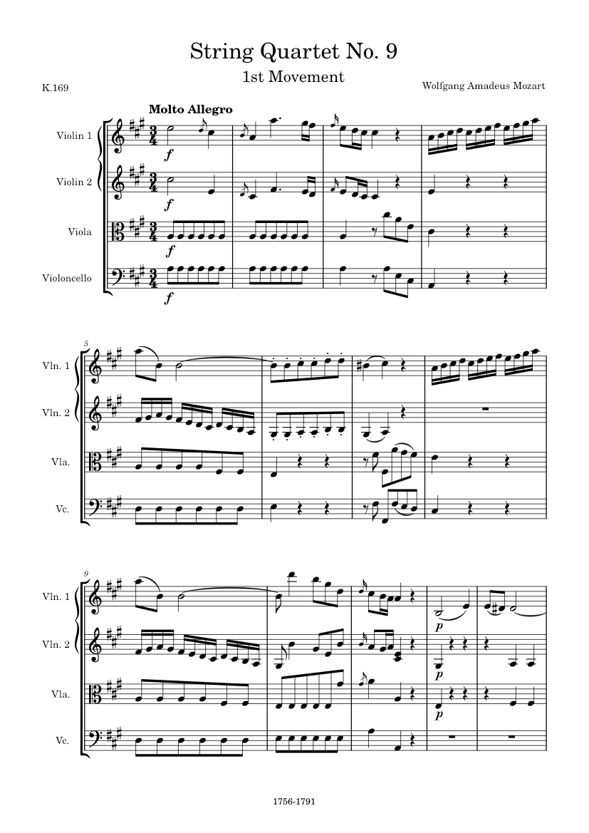 String Quartet No. 9 in A Major, K.169, 1st Movement (Molto Allegro) - Wolfgang Amadeus Mozart ...