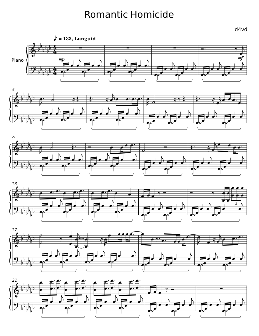 Romantic Homicide – d4vd Sheet Music for Piano (Solo) | MuseScore.com