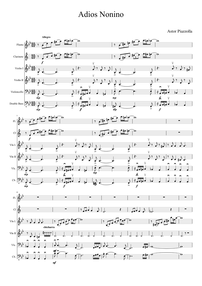 Adios Nonino Sheet Music for Flute, Clarinet in b-flat, Violin (Mixed ...