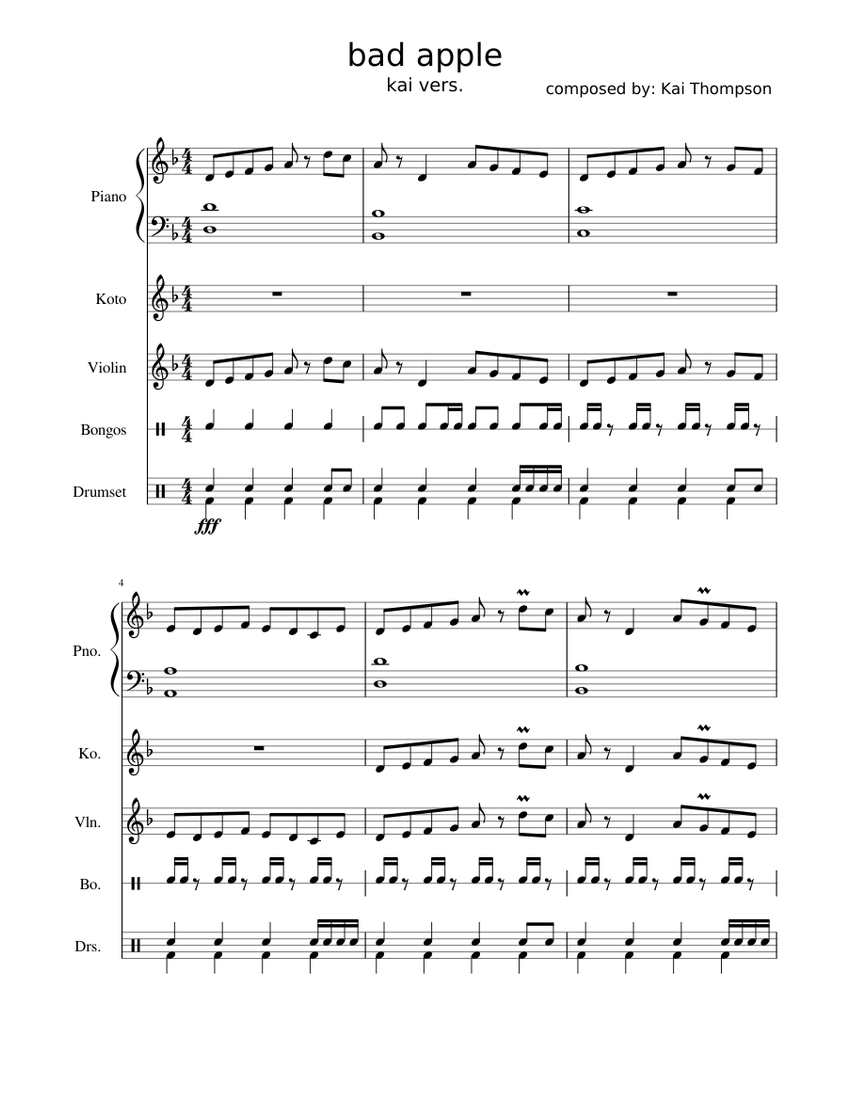 bad apple Sheet music for Piano, Violin, Drum group, Bongo & more ...