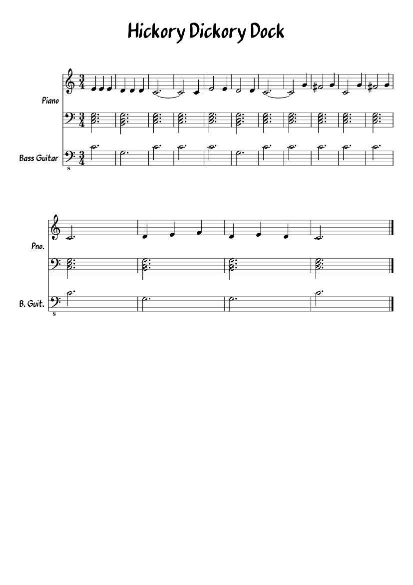 Hickory Dickory Dock Sheet music for Piano, Bass guitar (Mixed Duet ...