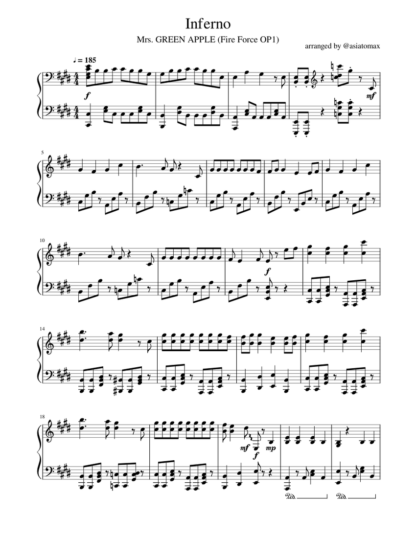 Inferno - Mrs. GREEN APPLE (Fire Force OP1) [Hard] Sheet music for Piano (Solo) | Musescore.com