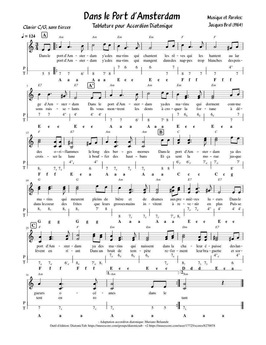 Amsterdam - accordeon - Jacques Brel Sheet music for Accordion (Solo ...
