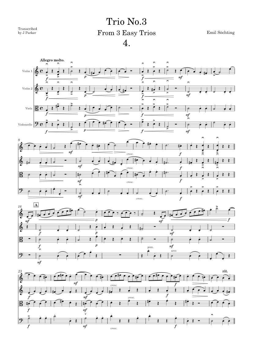 Easy Trios - Op.54, No. 3 arr String Quartet Mvt 4 – Emil Söchting SCORE Sheet music for Violin ...