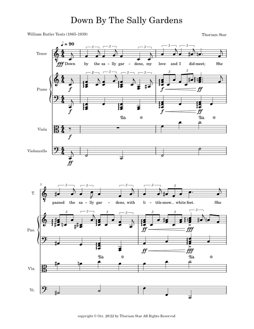 Down By The Sally Gardens Sheet music for Piano, Tenor, Viola, Cello ...