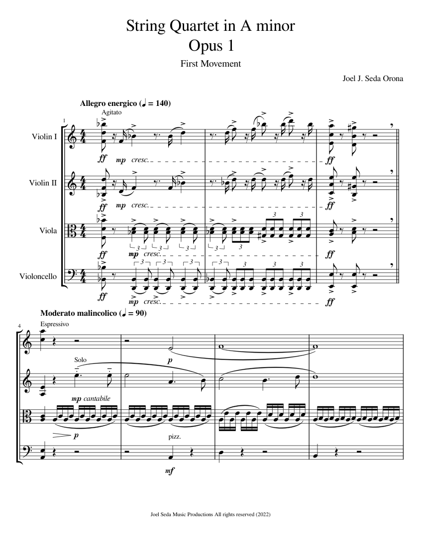 String Quartet in A minor, Opus 1 - First Movement - FINISHED ON MUSESCORE 4.1.1 - Score Sheet ...