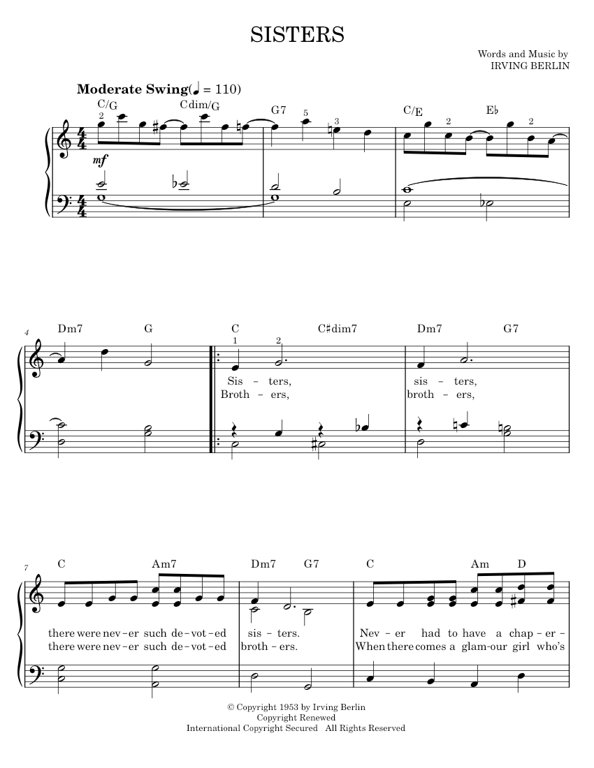 Play Official version of Sisters Sheet Music by Andy Williams for Piano ...